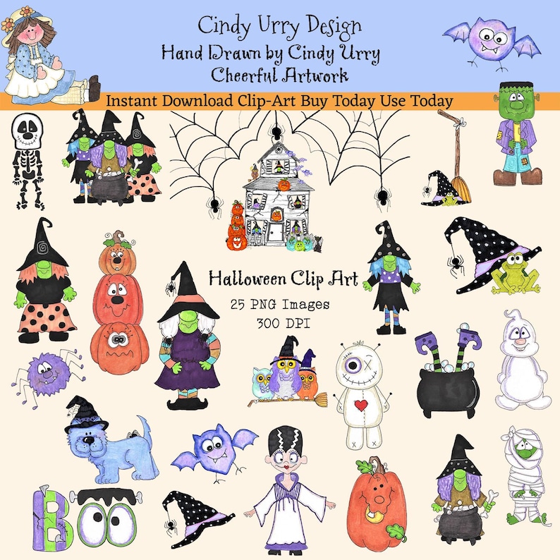 Hand Drawn Halloween Clip Art: 25 PNG Images (digital Files). Artwork ...
