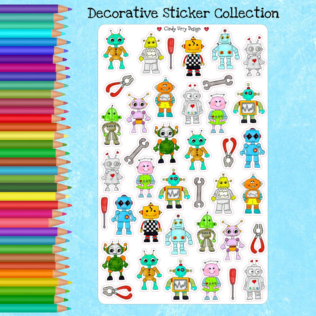 Robot Stickers, Planner Scrapbook Embellishments, Hand Drawn - Etsy