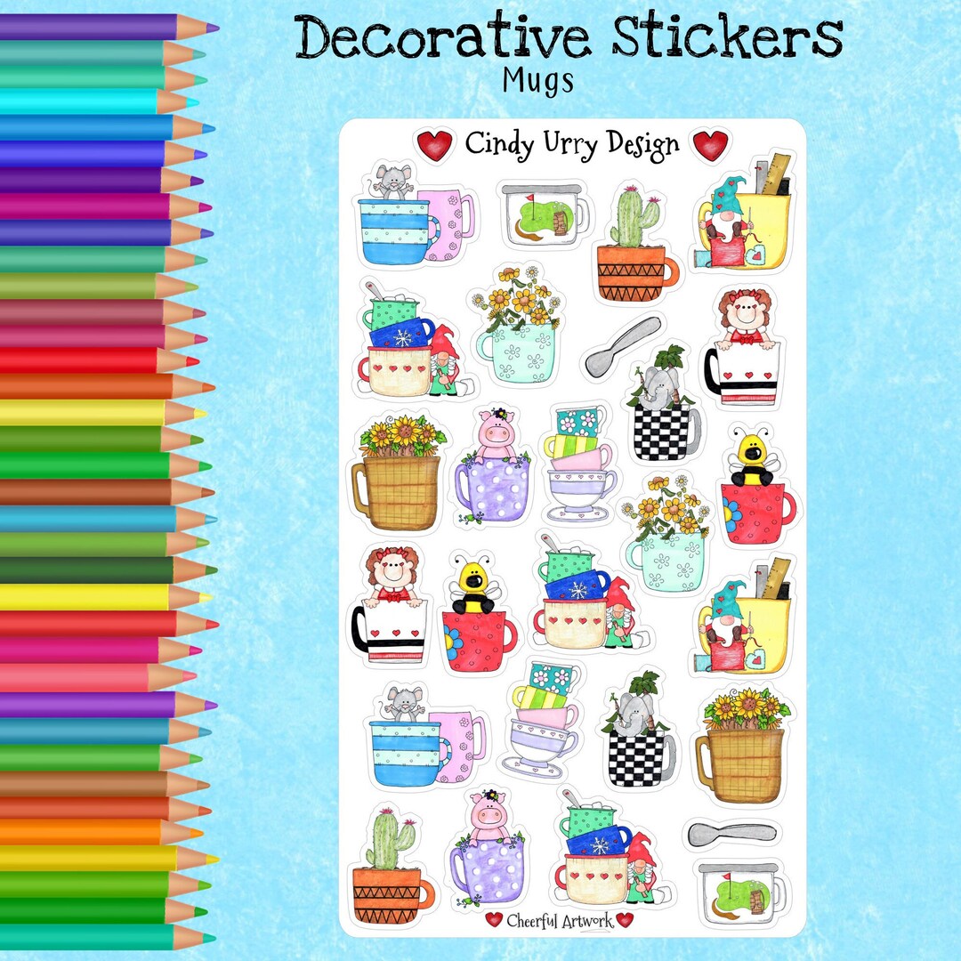 Mugs and Cups Stickers: Hand Drawn Planner Stickers by Cindy Urry - Etsy