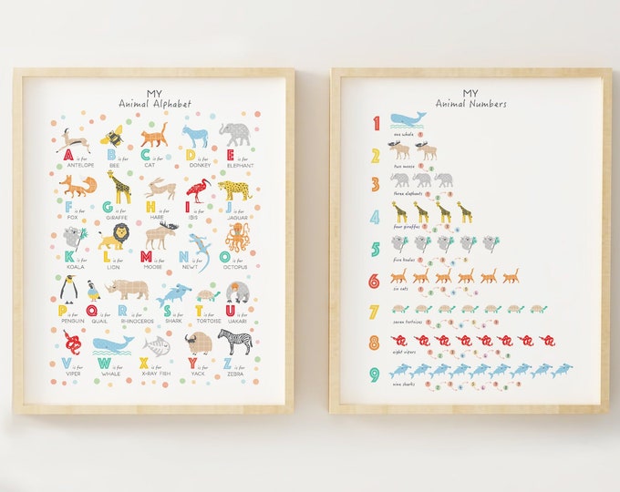 Animal Nursery Art Numbers & Alphabet Print Nursery Decor | Etsy