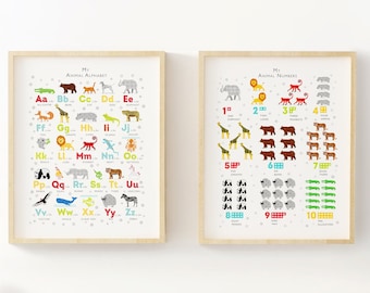 Set of Three Animal Alphabet and Numbers Wall Art, Personalised ABC and ...