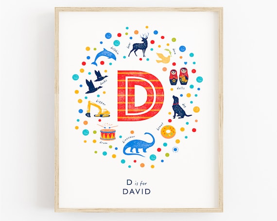 Baby Monogram Print Illustrated Letter D Boys Name Print | Etsy