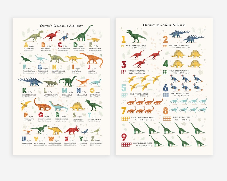 Dinosaur Prints Duo Alphabet and Numbers Nursery Art Set - Etsy