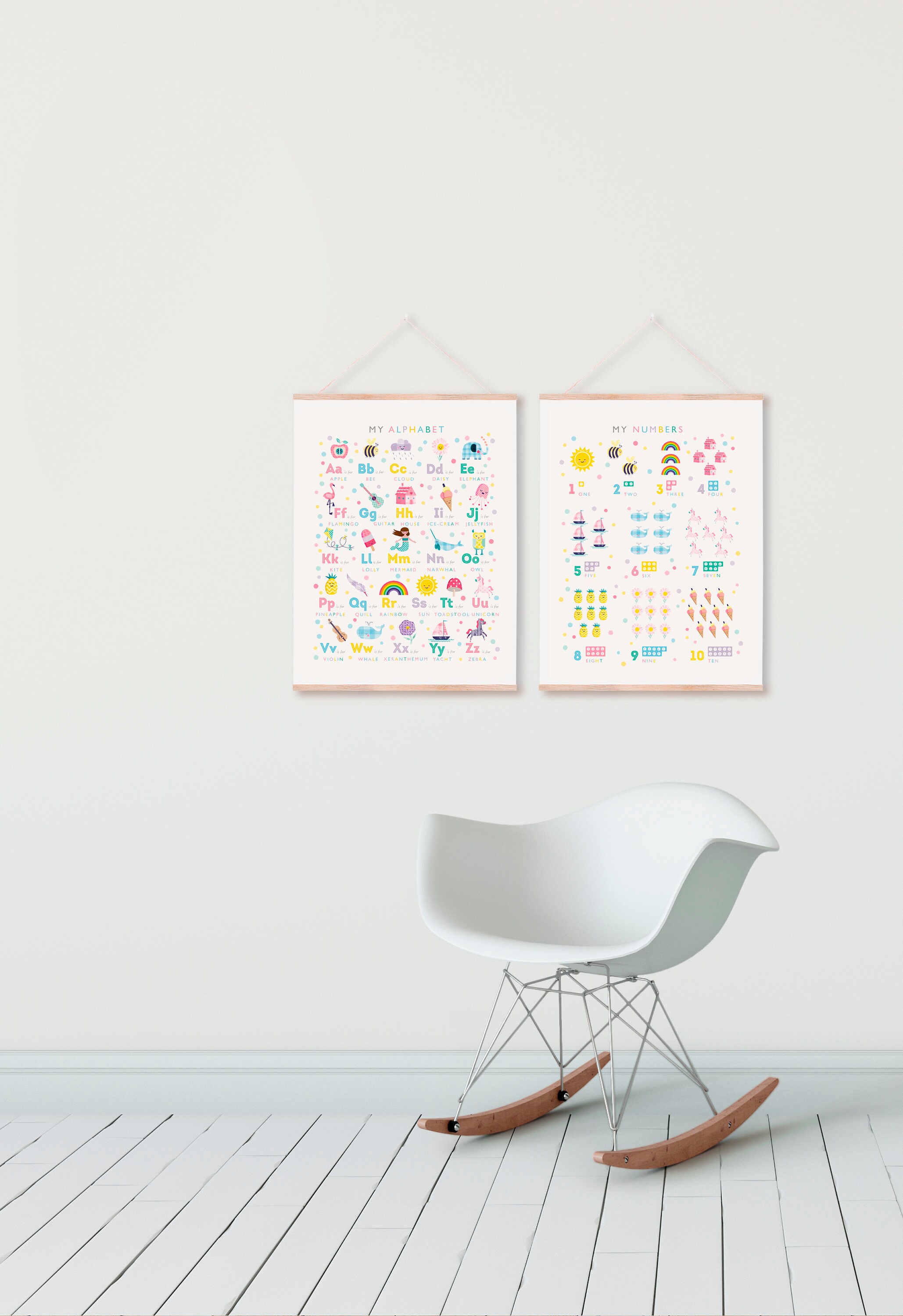 Pastel Alphabet & Numbers Nursery Prints: Sunshine Rainbow Decor, Set ...