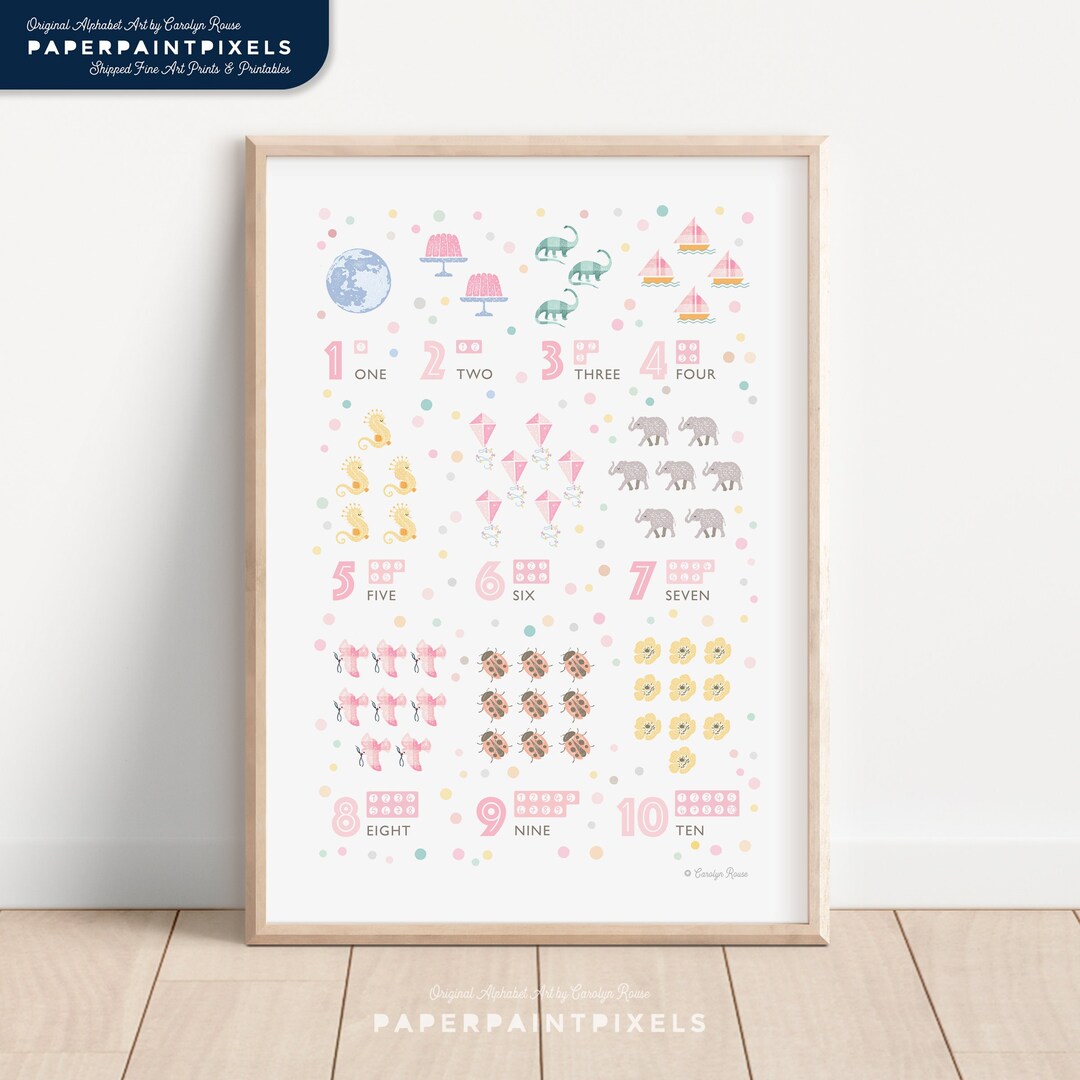 Pastel Pink Counting Poster for Girls, Numbers 1-10 Educational Print ...