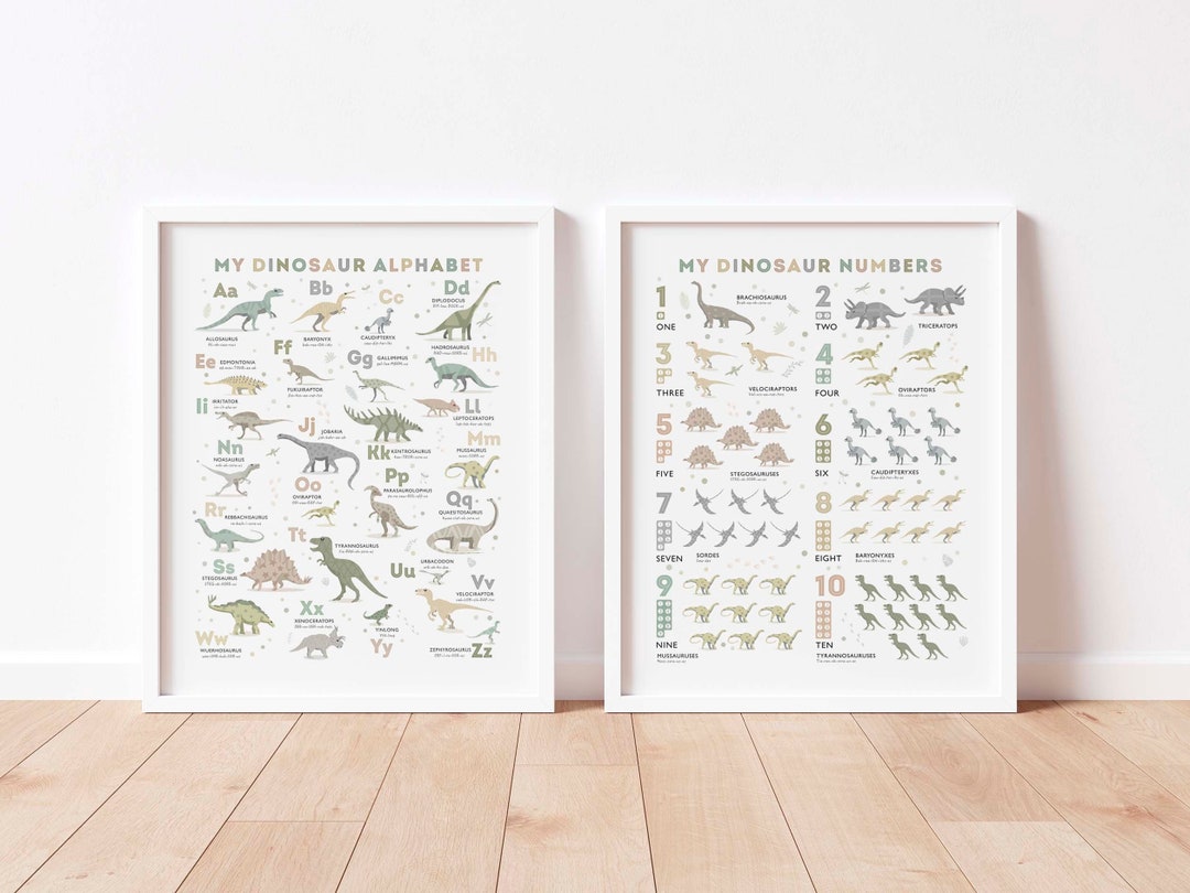 Dinosaur Alphabet & Numbers Prints: Nursery Wall Art Set - Etsy