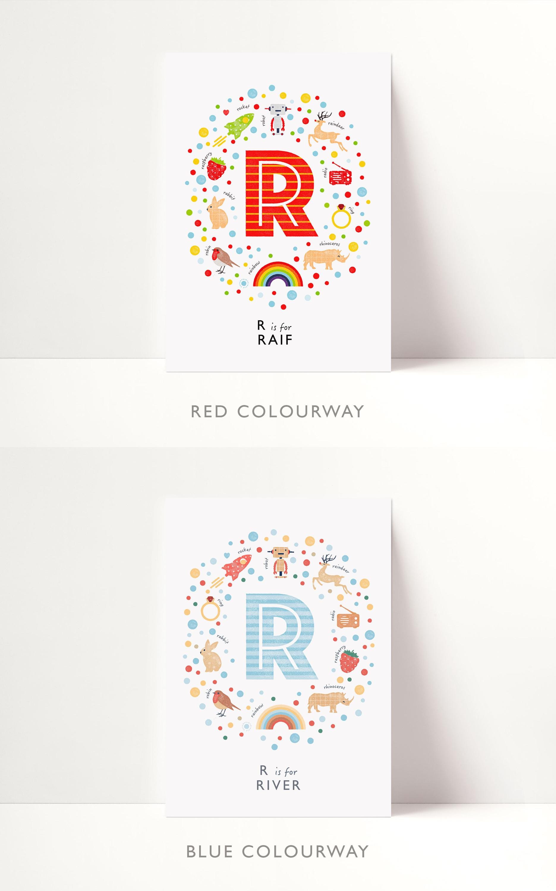 Personalised Letter R Nursery Print, Illustrated Letter R, Girls Art ...