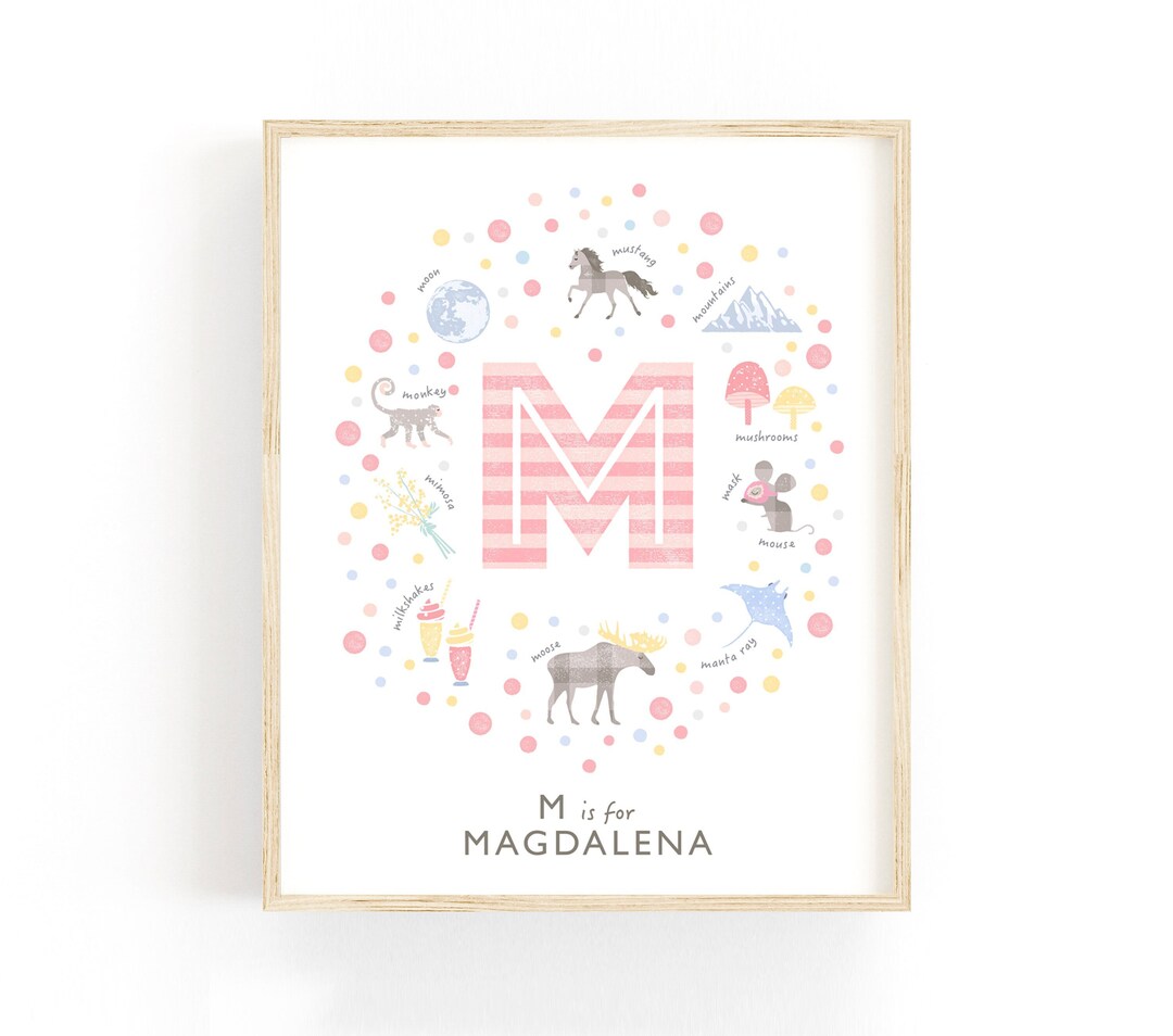 Personalised Pink Letter M Initial Print, Custom Nursery Name Wall Art ...