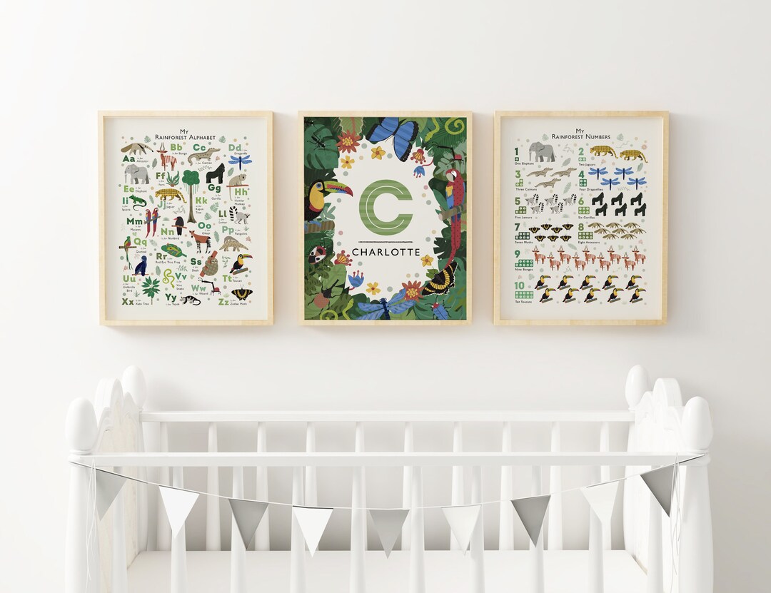 Personalised Rainforest Nursery Wall Art, Jungle Alphabet, Numbers ...