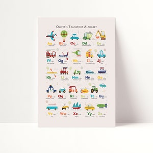 Boy's Vehicles Alphabet & Personalised Name Print Duo, Set of 2 Prints ...