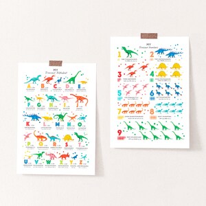 Bright Dinosaur Print Set of Two, Alphabet and Numbers Nursery Art ...