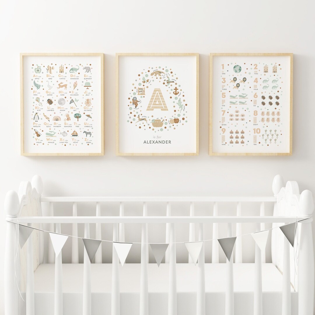Set of 3 Baby Boy Nursery Prints, Boho Alphabet Poster, Initial Print ...