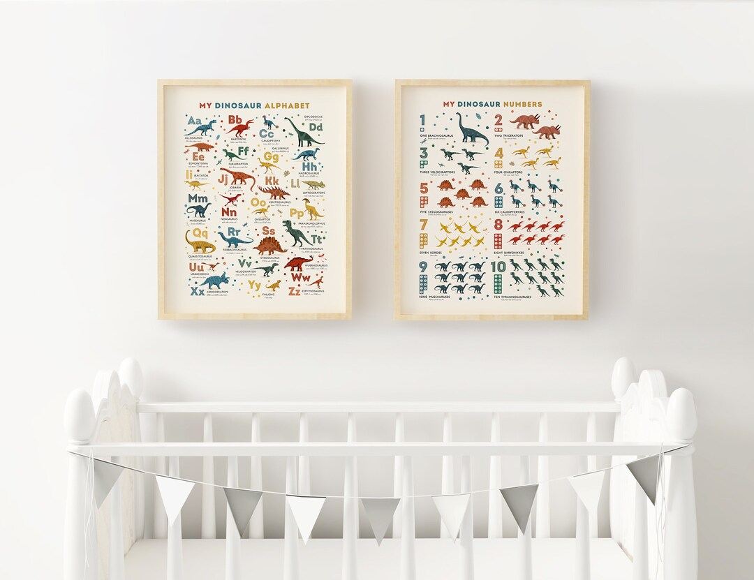 Dinosaur Alphabet & Numbers Wall Art Set, Gift for Kids, Dinsoaur ...