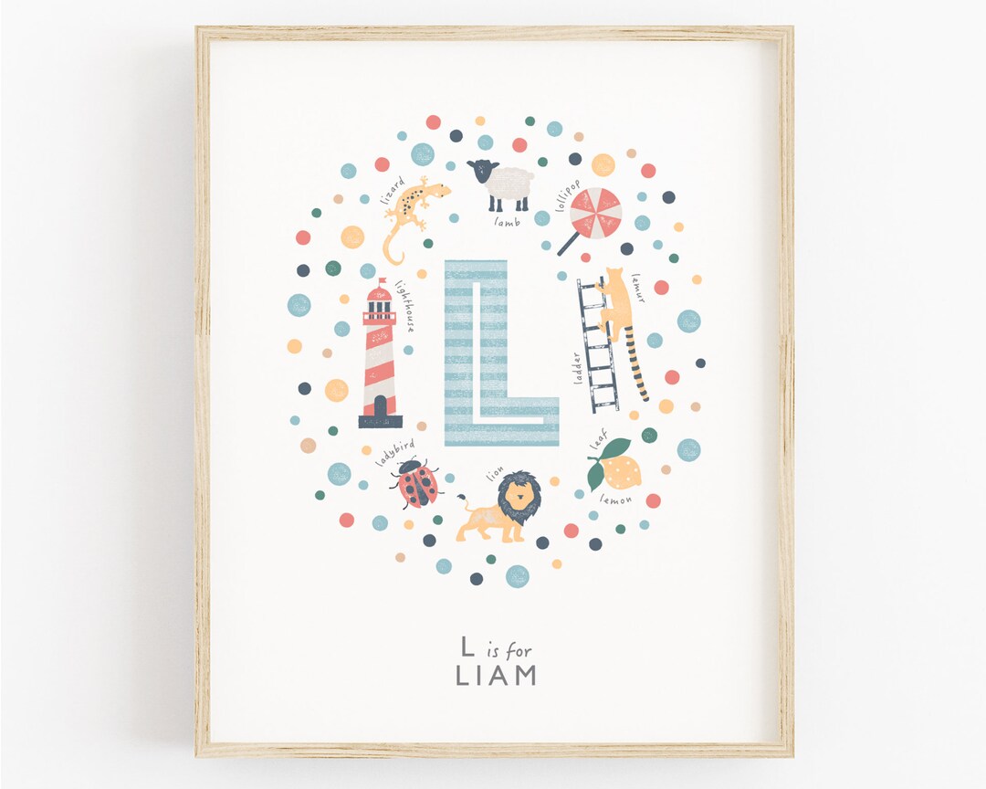 Initial Letter L, Baby Boy Wall Art, Personalised Nursery Print, Custom ...
