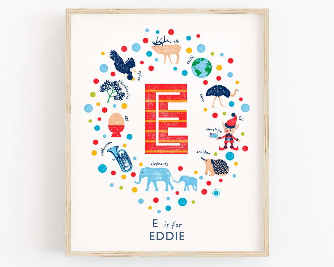 Illustrated Letter E Print, Baby Monogram Print, Boys Name Poster ...