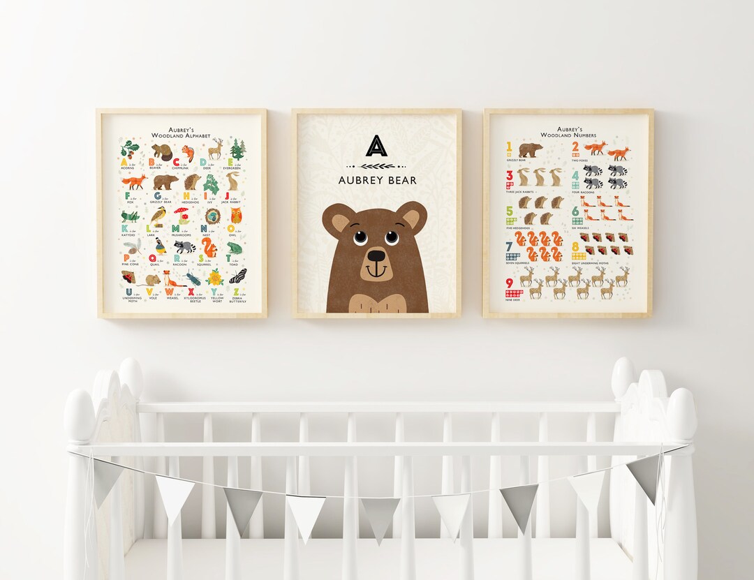 Personalised Woodland Animals Print Set, Alphabet and Numbers Wall Art ...