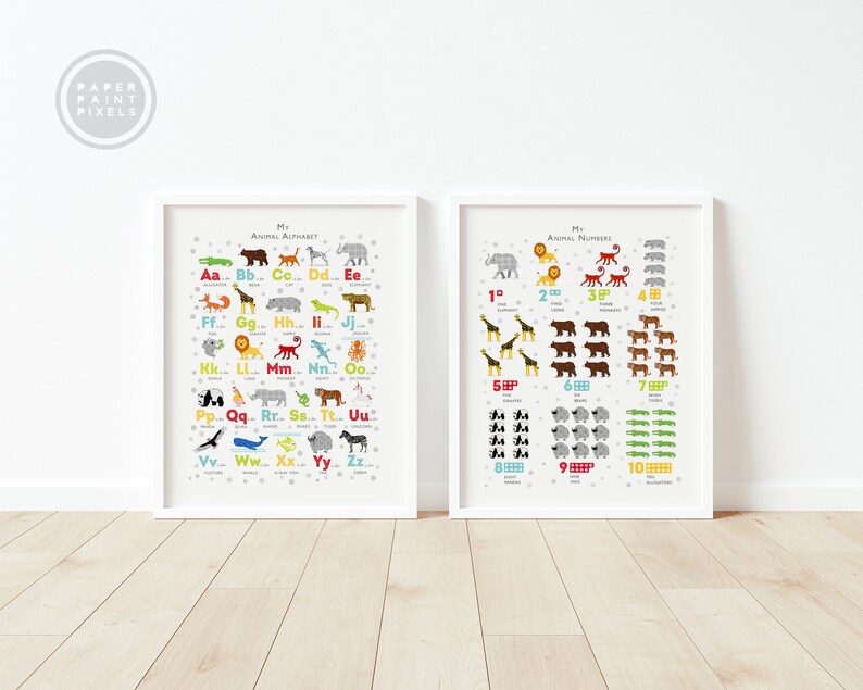 Bright Animal Print Set Safari Alphabet and Numbers Prints - Etsy