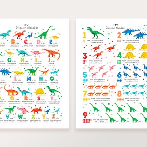 Bright Dinosaur Print Set of Two, Alphabet and Numbers Nursery Art ...