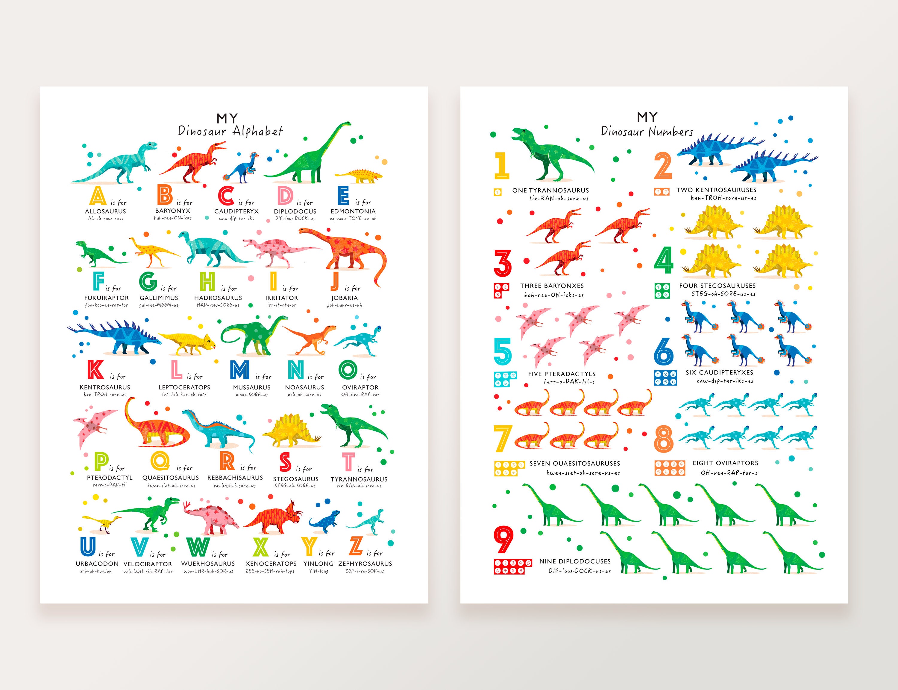 Bright Dinosaur Print Set of Two Alphabet and Numbers Nursery - Etsy
