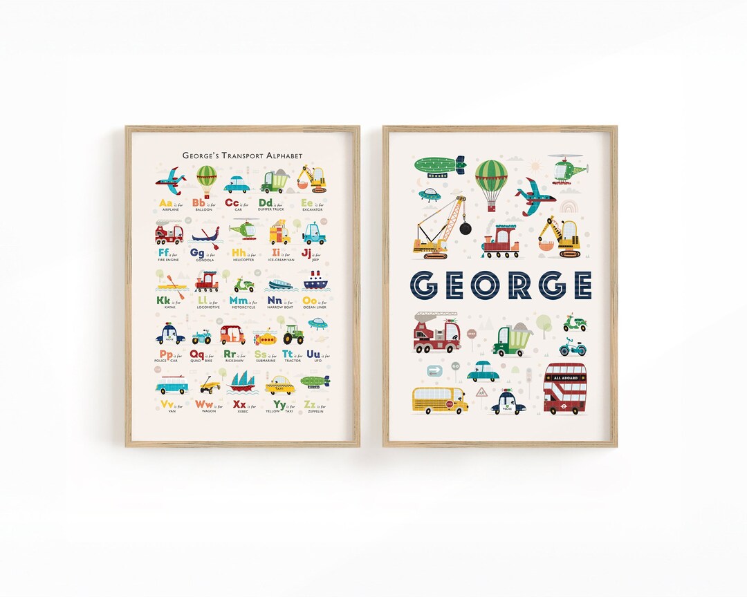 Boy's Vehicles Alphabet & Personalised Name Print Duo, Set of 2 Prints ...