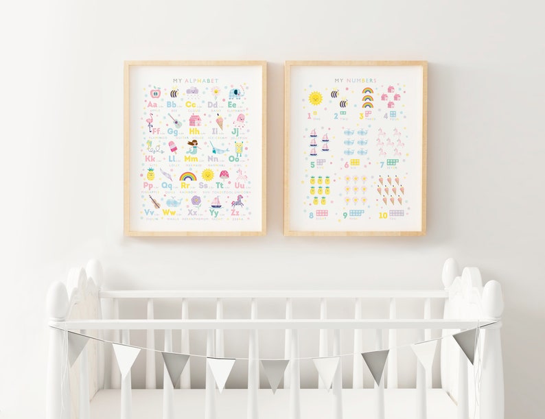 Pastel Alphabet & Numbers Nursery Prints: Sunshine Rainbow Decor, Set ...