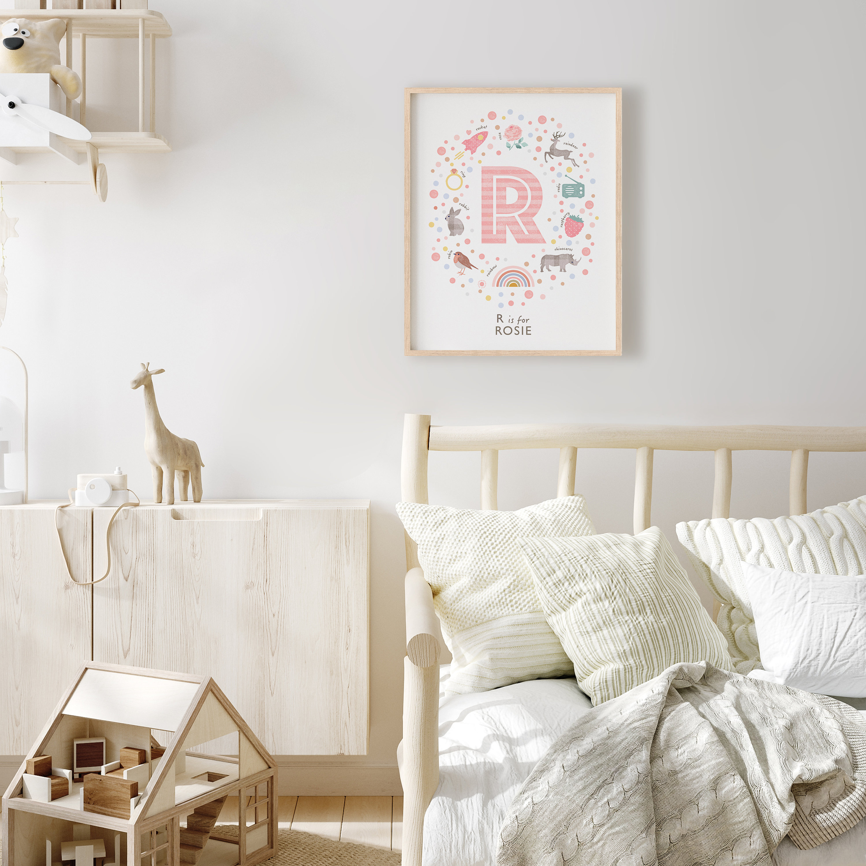 Personalised Letter R Nursery Print, Illustrated Letter R, Girls Art ...