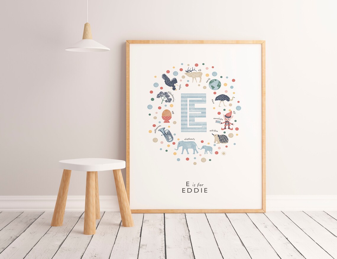 Letter E Custom Nursery Name Poster – Blue Baby Room Initial Print ...