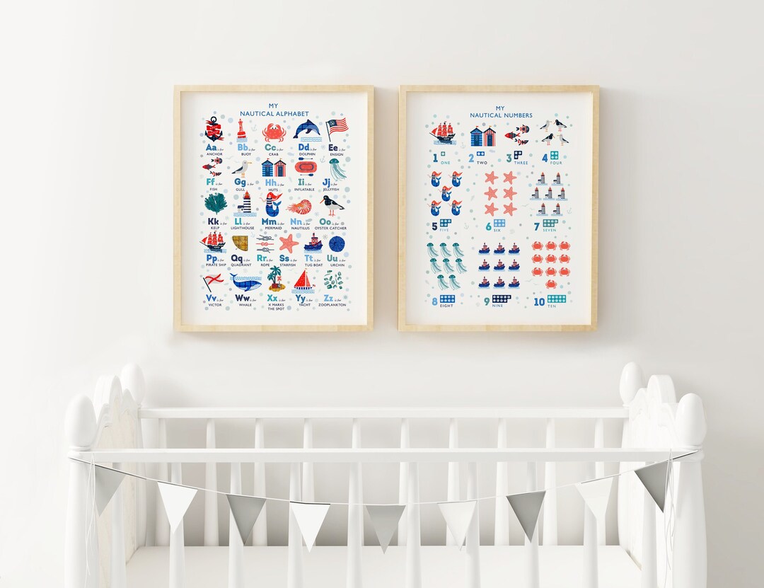 Nautical Alphabet Print Set, Ocean ABC and Numbers Nursery Art Set, A ...