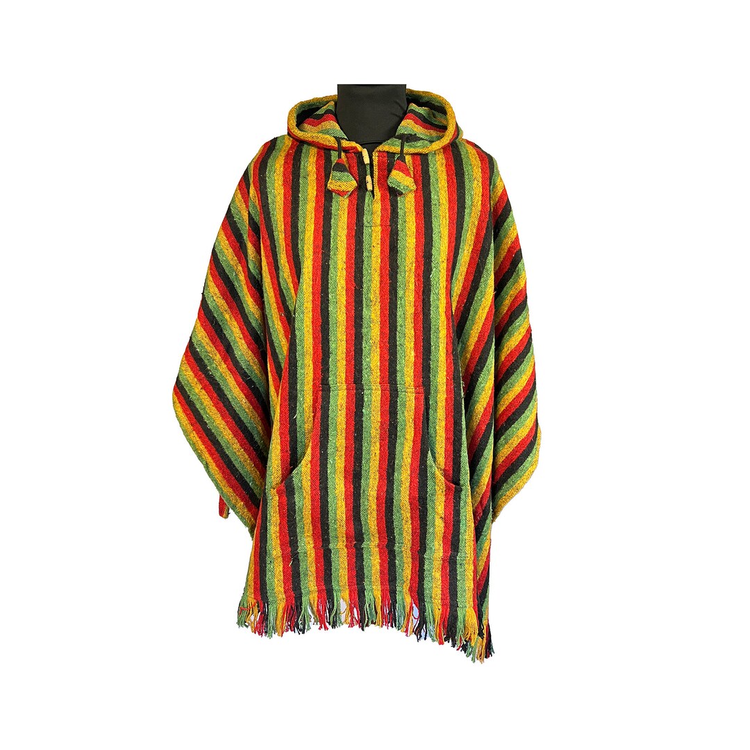 Thick Hooded Cotton Poncho in Rasta Red, Gold, Green and Black Stripes ...