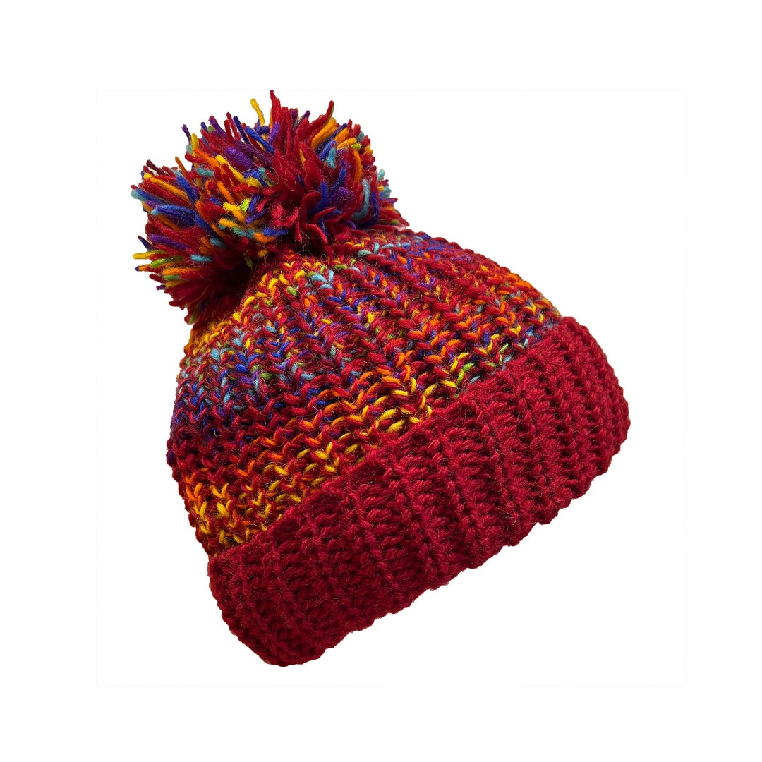 Red & Rainbow Woolly Hat With Bobble, Fully Fleece Lined, Super Cosy ...