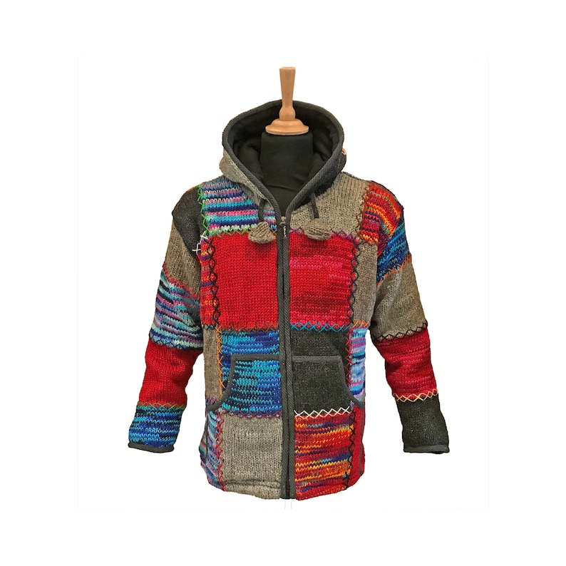 Knitted Patchwork Rainbow Jacket With Fleece Lining and Hood, Cardigan ...
