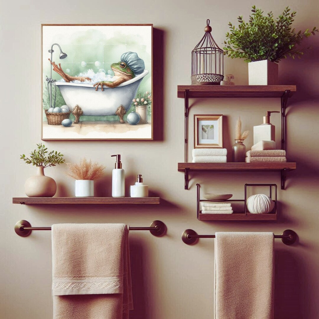 Ribbit, Relax, Repeat: Frog Taking a Bath Art Print, Frog Bathroom ...