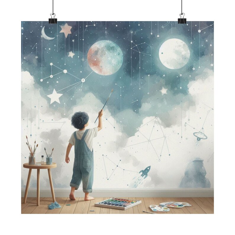 Boy Painting Stars Nursery Art Print: Whimsical Space Decor - Etsy