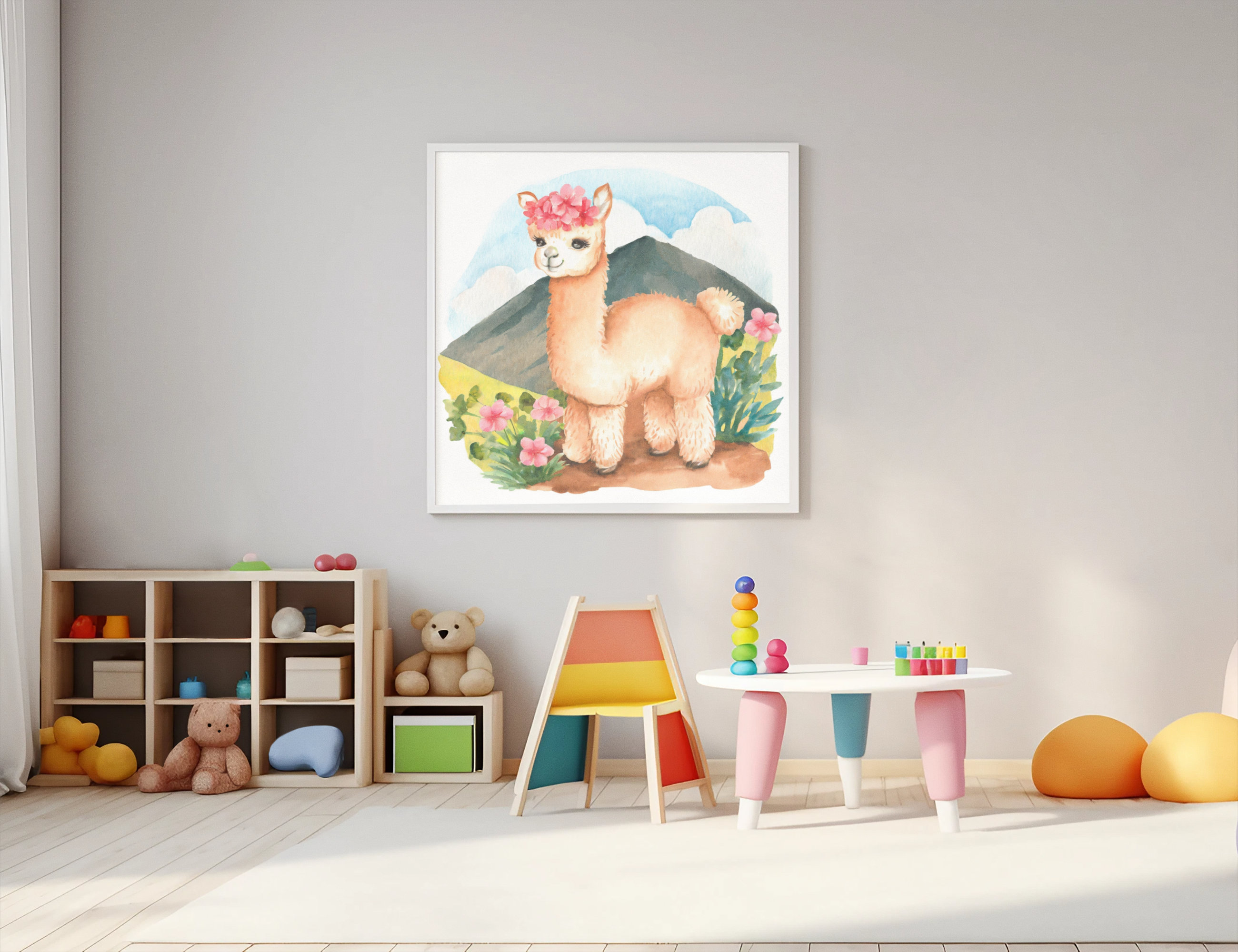 Whimsical Wonder: Alpaca With Flowers Art Print, Nursery Wall Decor ...