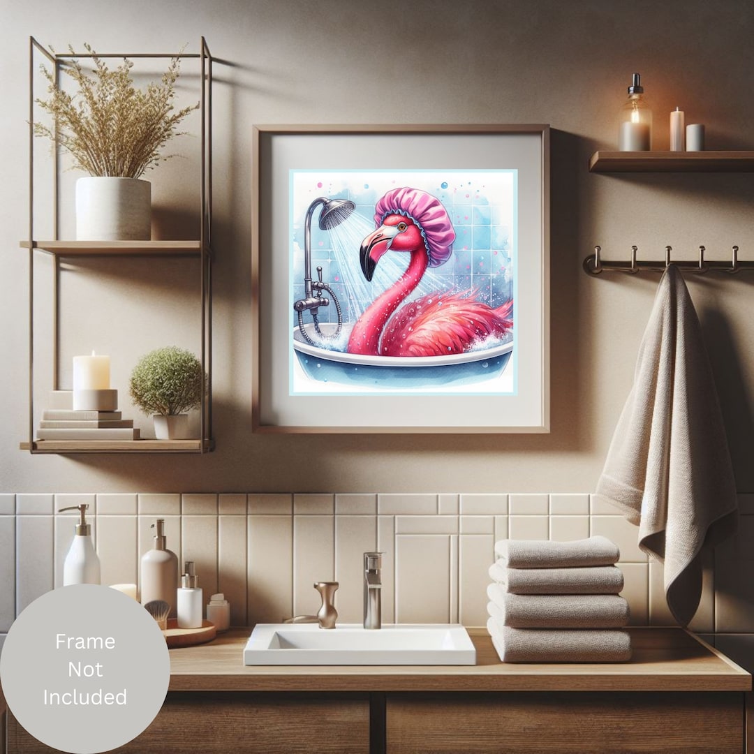 Flamingo Taking a Bath 1, Bath Wall Hanging, Safari Art, Funny Animal ...
