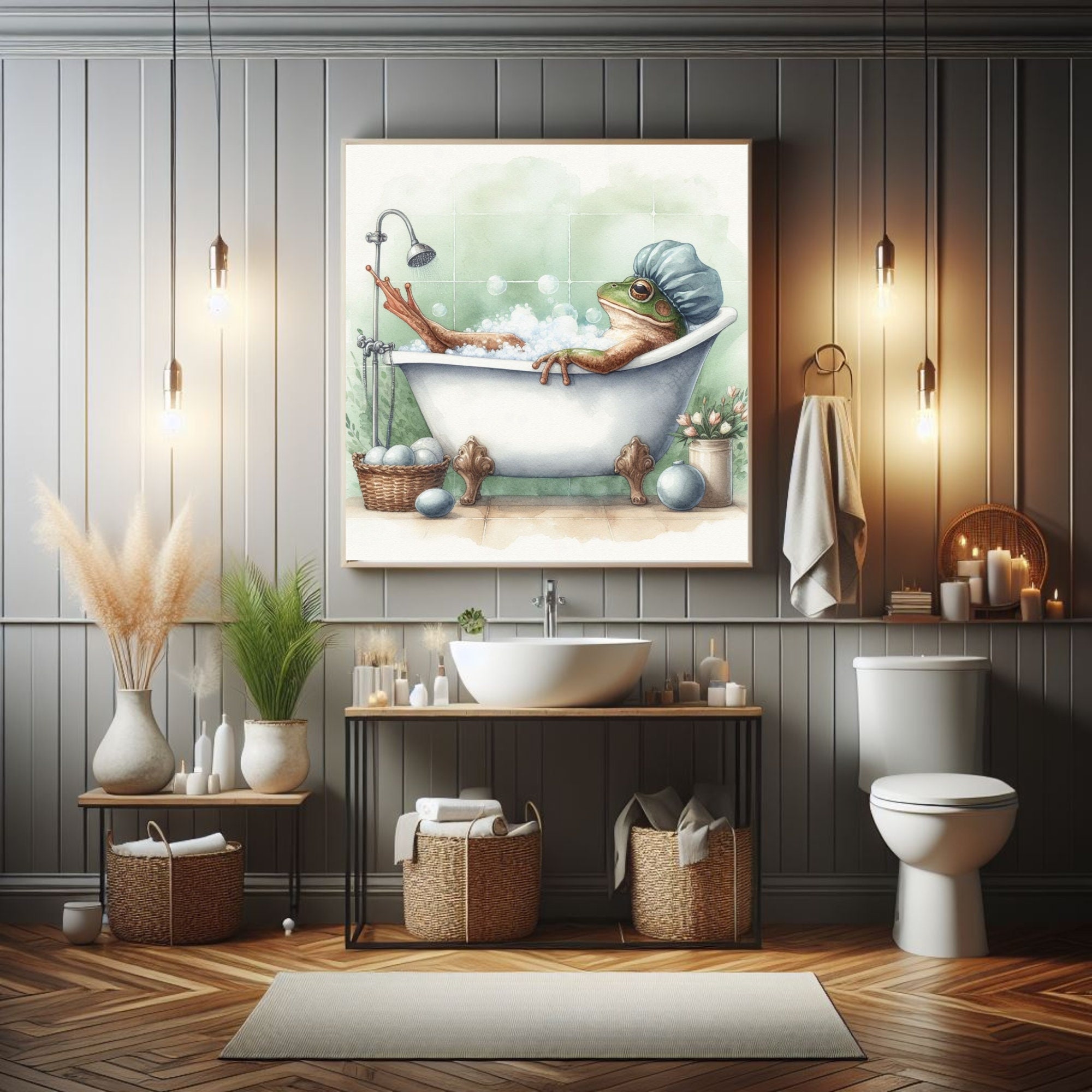 Ribbit, Relax, Repeat: Frog Taking a Bath Art Print, Frog Bathroom ...
