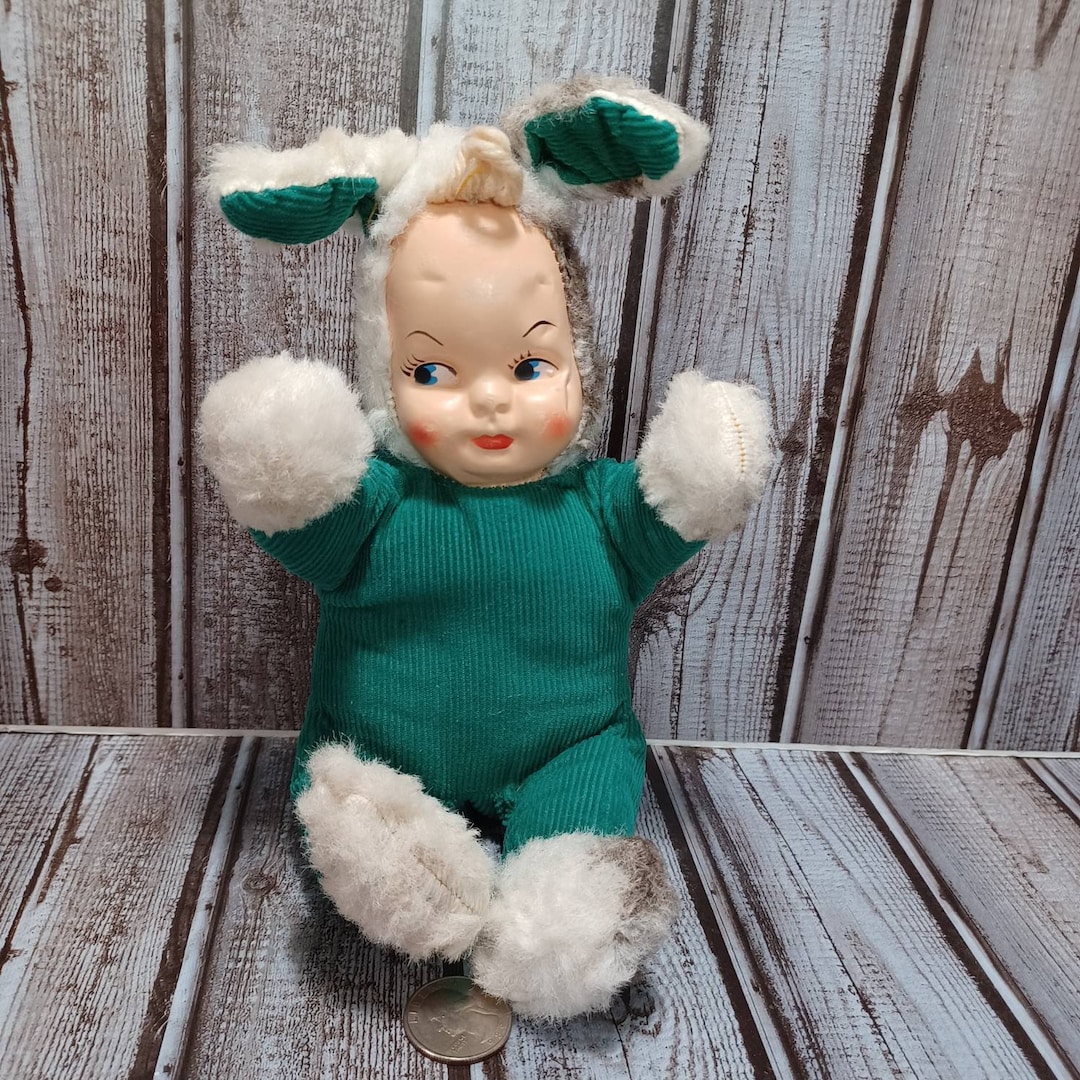 Vintage Stuffed Bunny With Plastic Baby Face Wearing a Green Bunny Suit ...