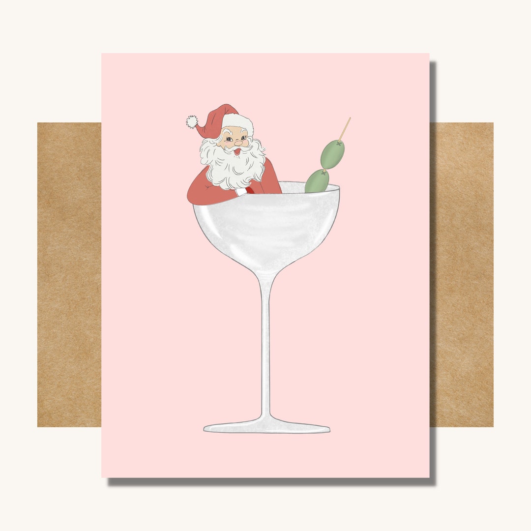 Santa in Cocktail Glass Card -- Coupe Glass Card // Santa Martini Card ...
