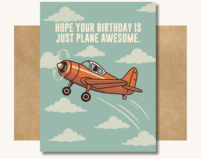 Airplane Birthday Card: Happy Birthday Banner, Pilot, Flight Attendant ...