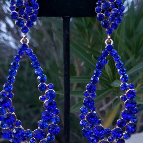 Long Blue Rhinestone Hoops Royal Blue Prom Earrings - Etsy