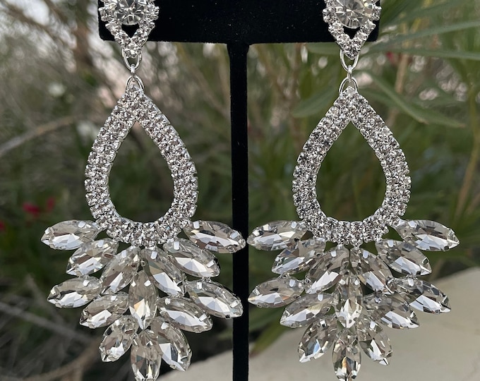 Long Crystal Hoop Earrings, Large Rhinestone Earrings, Clear Rhinestone ...