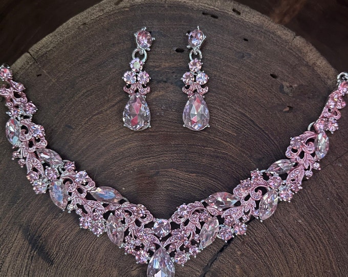 Light Pink Rhinestone Necklace and Earrings Set, Rose Pink Prom Jewelry ...