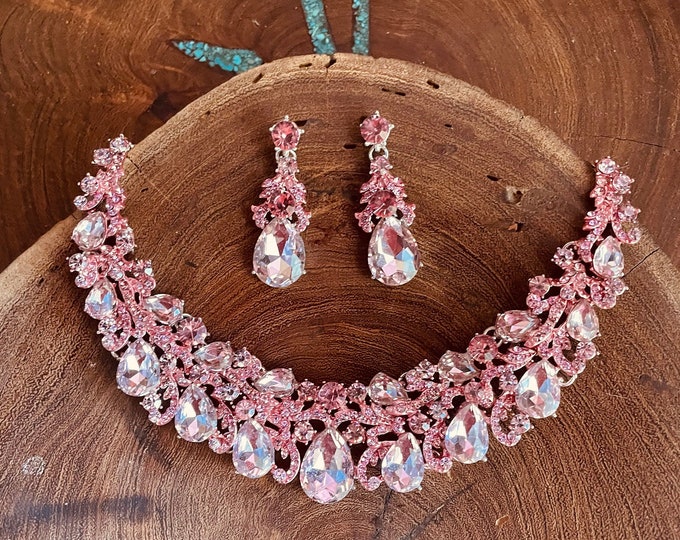 Pink Rhinestone Necklace and Earrings Set, Light Pink Necklace Set - Etsy