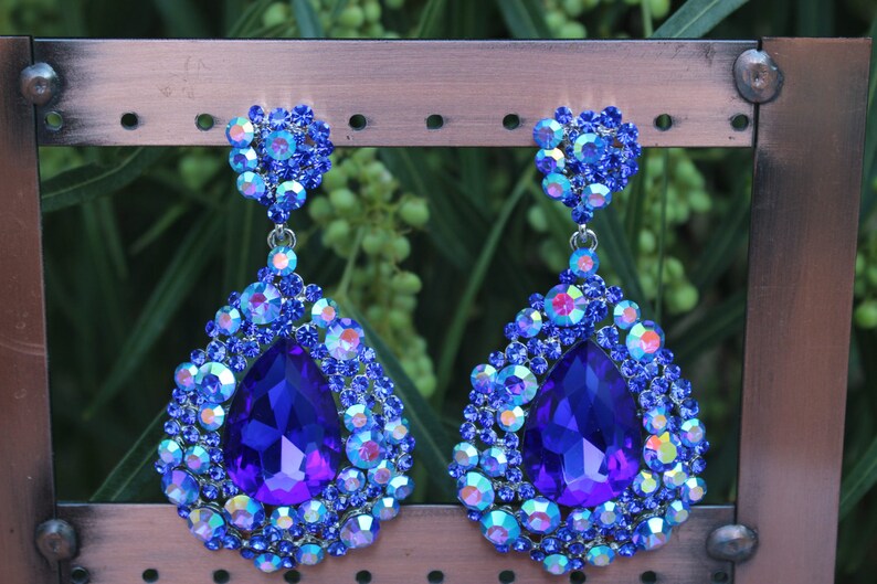 Extra Large Chunky Blue Rhinestone Earrings Gunmental - Etsy
