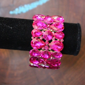 Fuchsia Wide Bracelet, Fuchsia Prom Bracelet, Large Crystal Fuschia ...