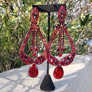 Extra Long Red Rhinestone Earrings, Oversized Pageant/prom Red ...