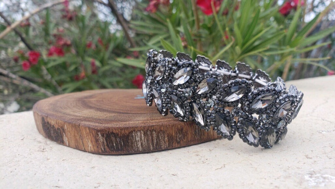 Gray Rhinestone Bracelet, Grey Crystal Bracelet, Gray Stretch Bracelet ...