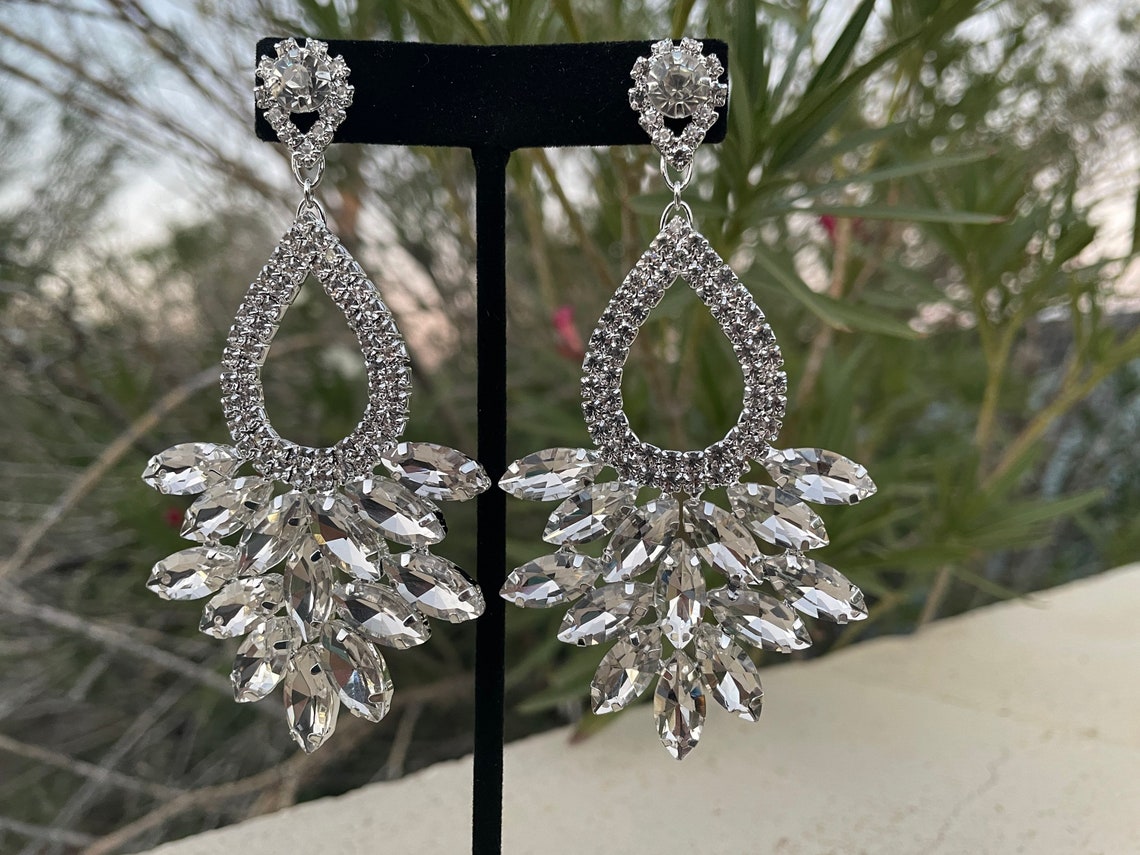 Long Crystal Hoop Earrings Large Rhinestone Earrings Clear - Etsy