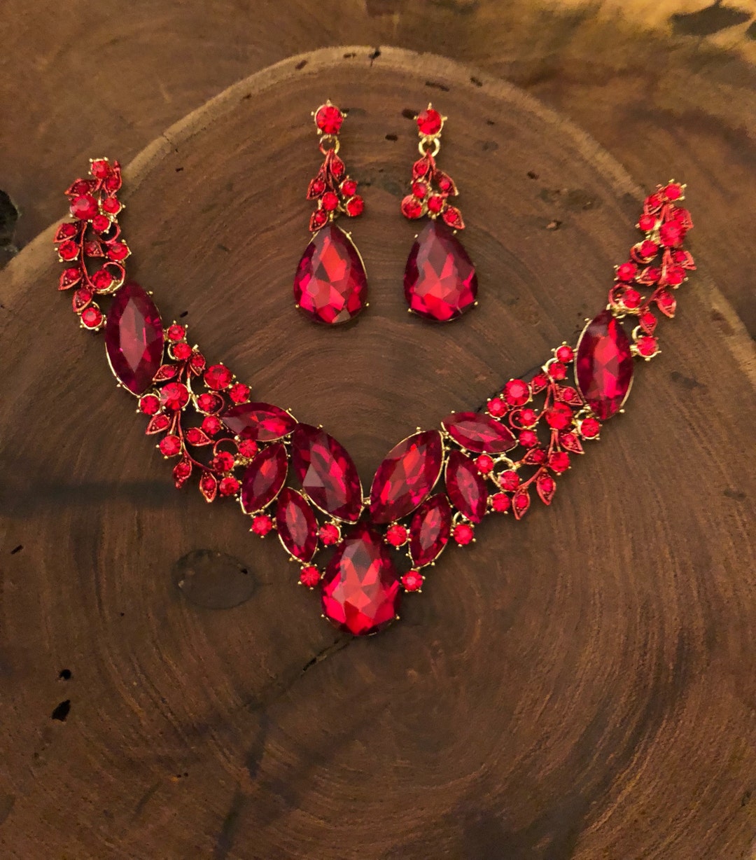 Red Necklace, Red Rhinestone Necklace and Earrings Set, Red Prom Necklace Set, Red Bridal ...