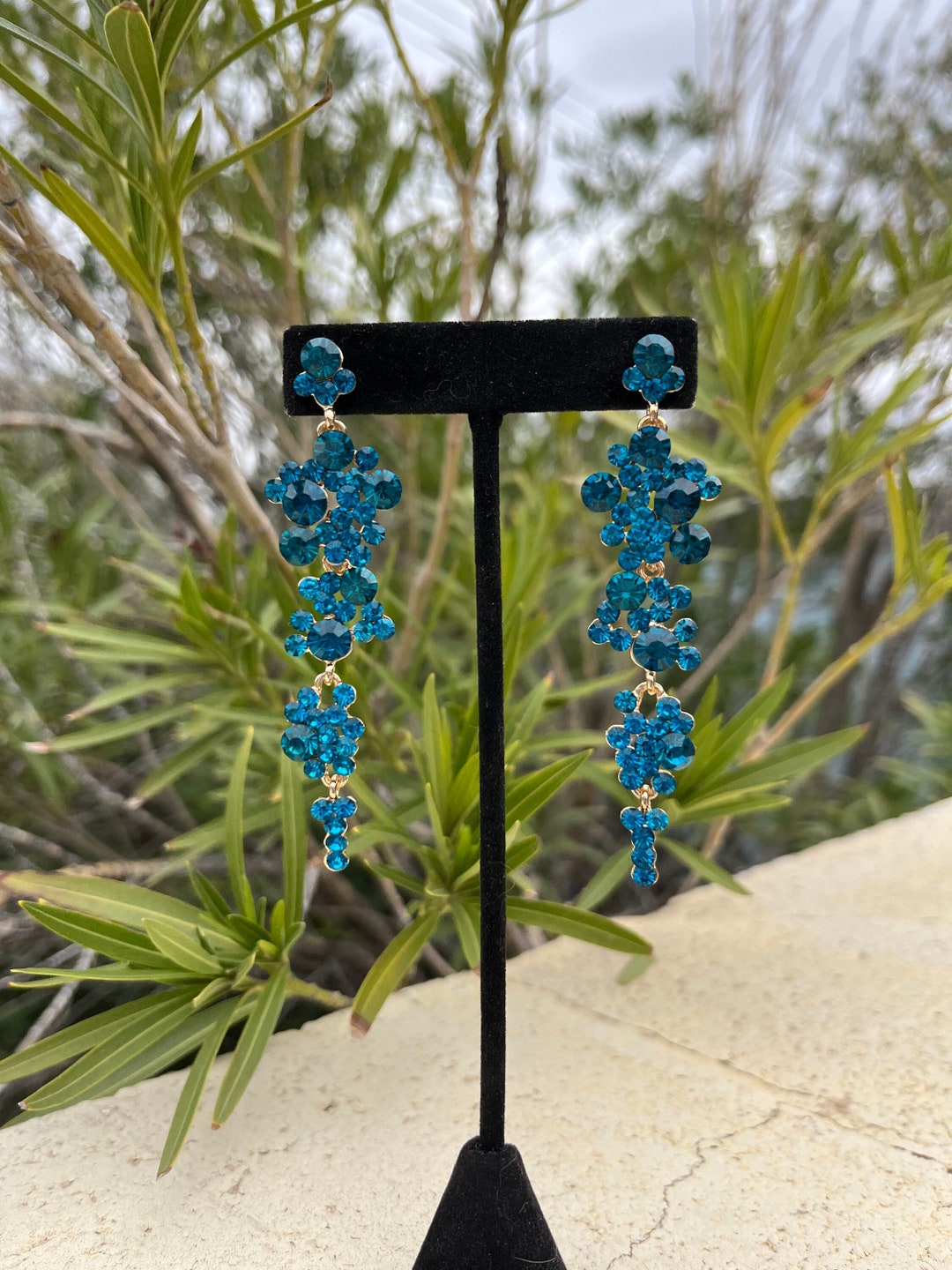 Teal Blue Earrings, Blue Zircon Earrings, Teal Rhinestone Prom Earrings ...